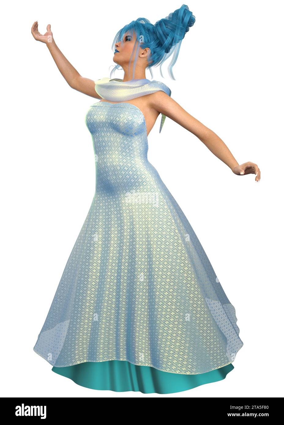 Fantasy mage, wizard woman with blue hair wears shining blue gown, 3D ...