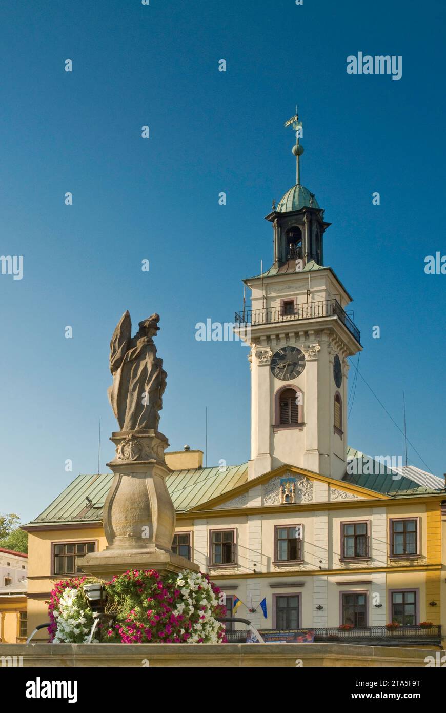 St Florian statue and Town Hall tower at Rynek (Market Square) in ...