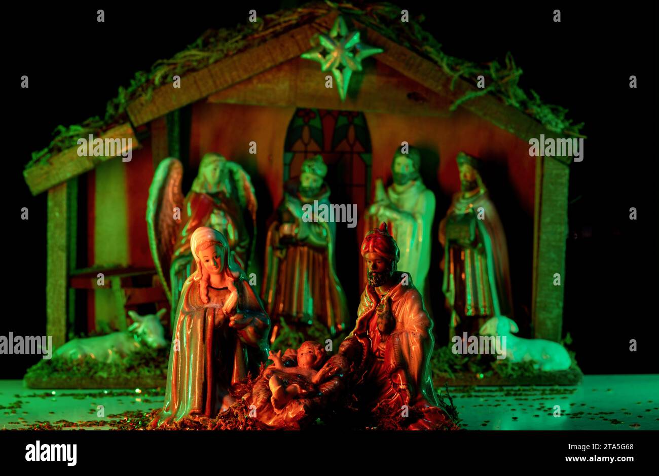 Nativity scene with figures. A Christmas scene with baby Jesus, Mary ...