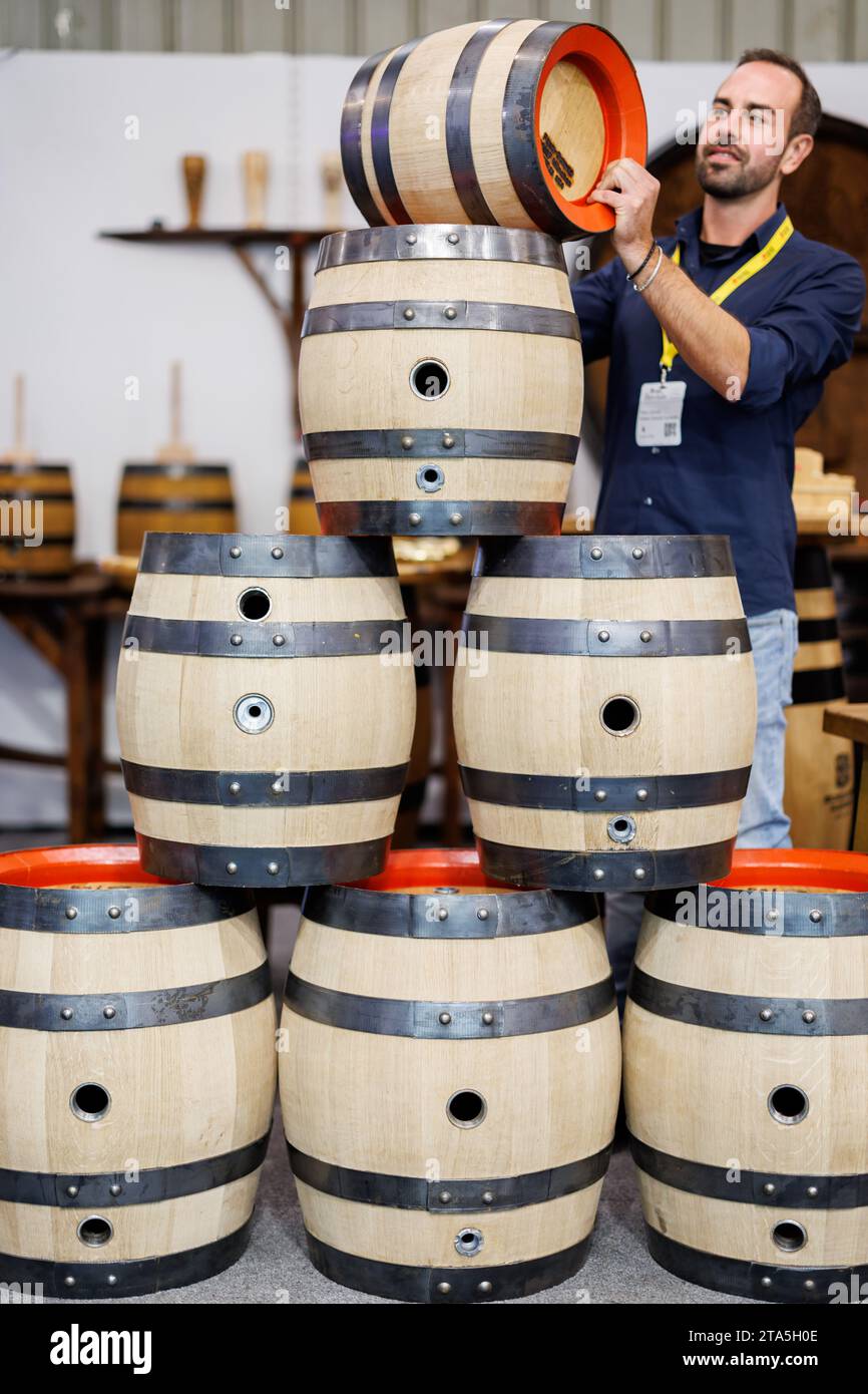 Nuremberg, Germany. 28th Nov, 2023. Wooden beer barrels are on display ...