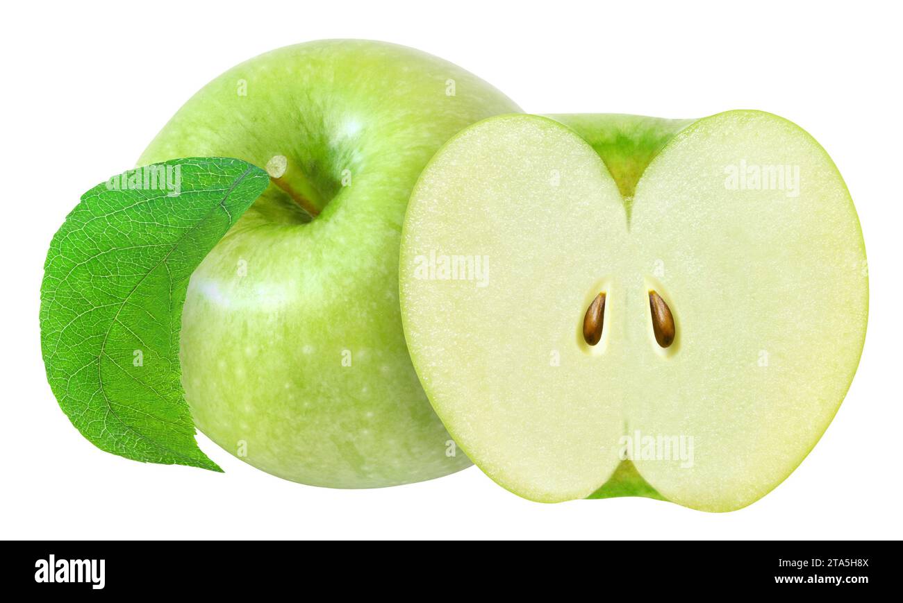 whole and cut in half green apple with leaf isolated on white ...
