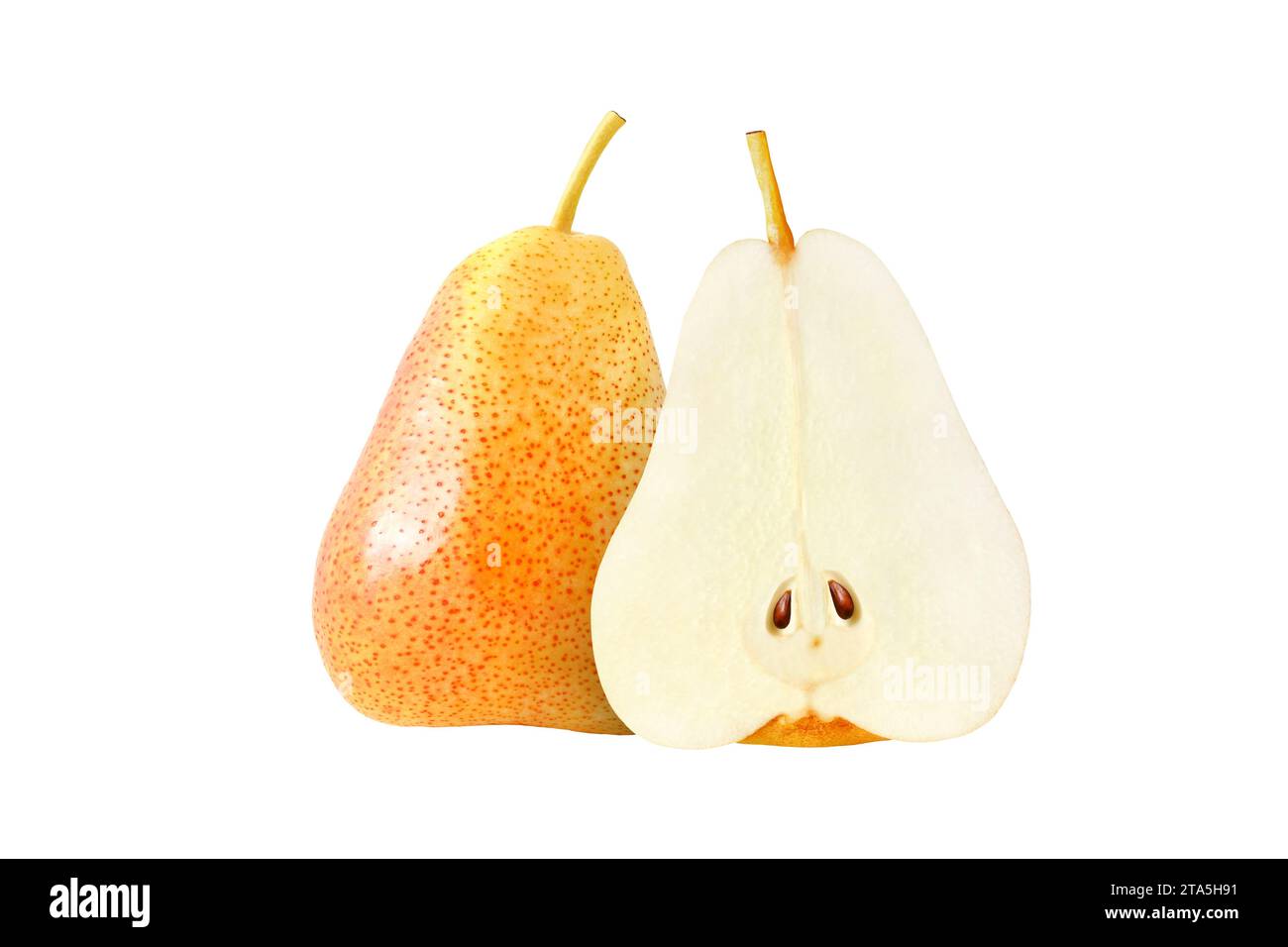 whole and sliced yellow pear fruits isolated on white background with ...