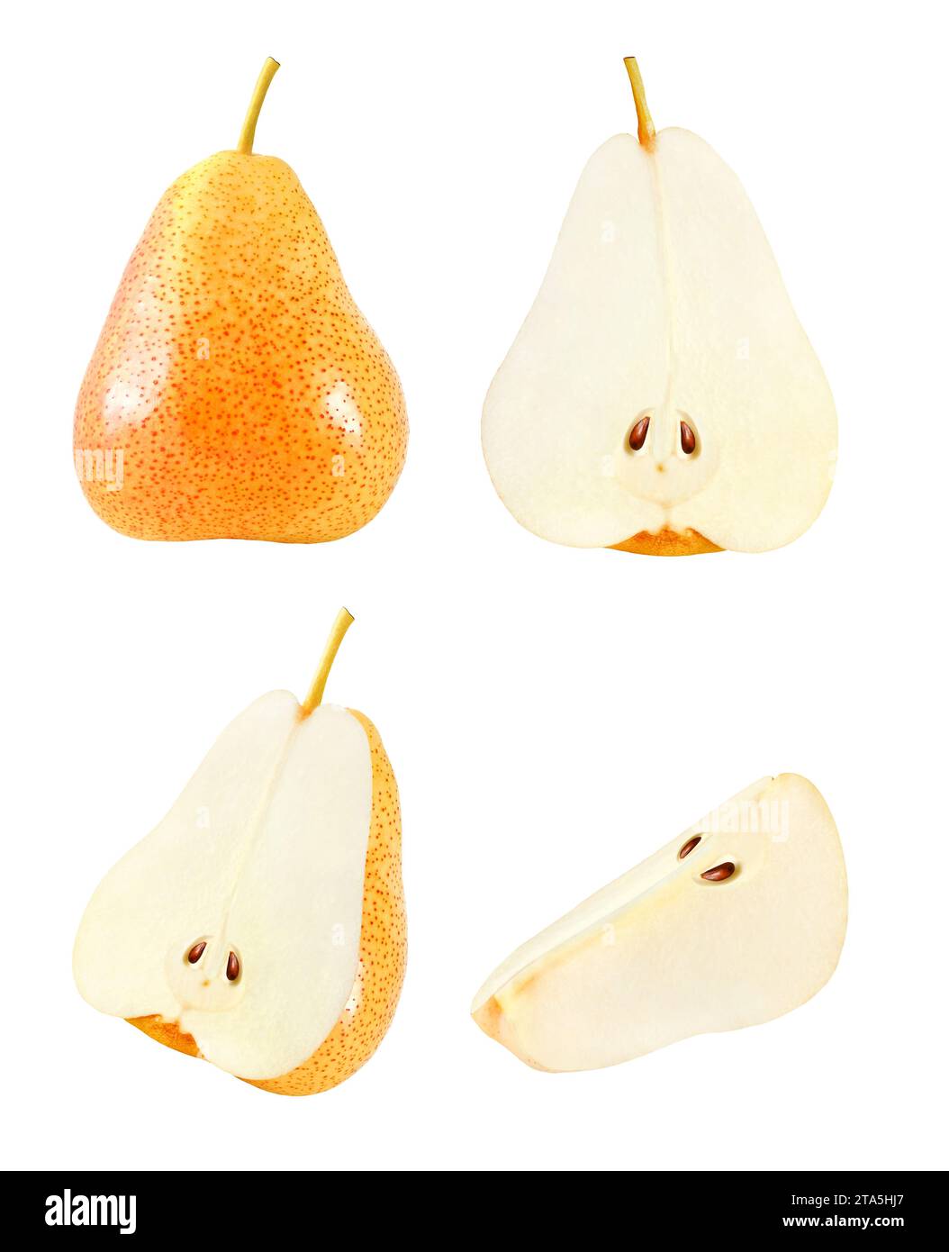 Collection of whole and sliced yellow pear fruits isolated on white ...