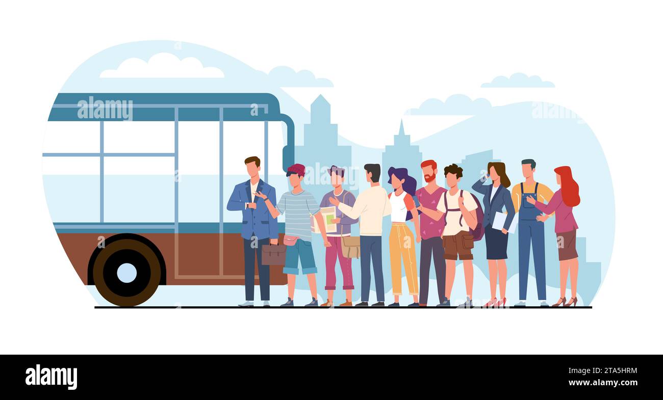 Group of people waiting to board bus at city public transportation ...