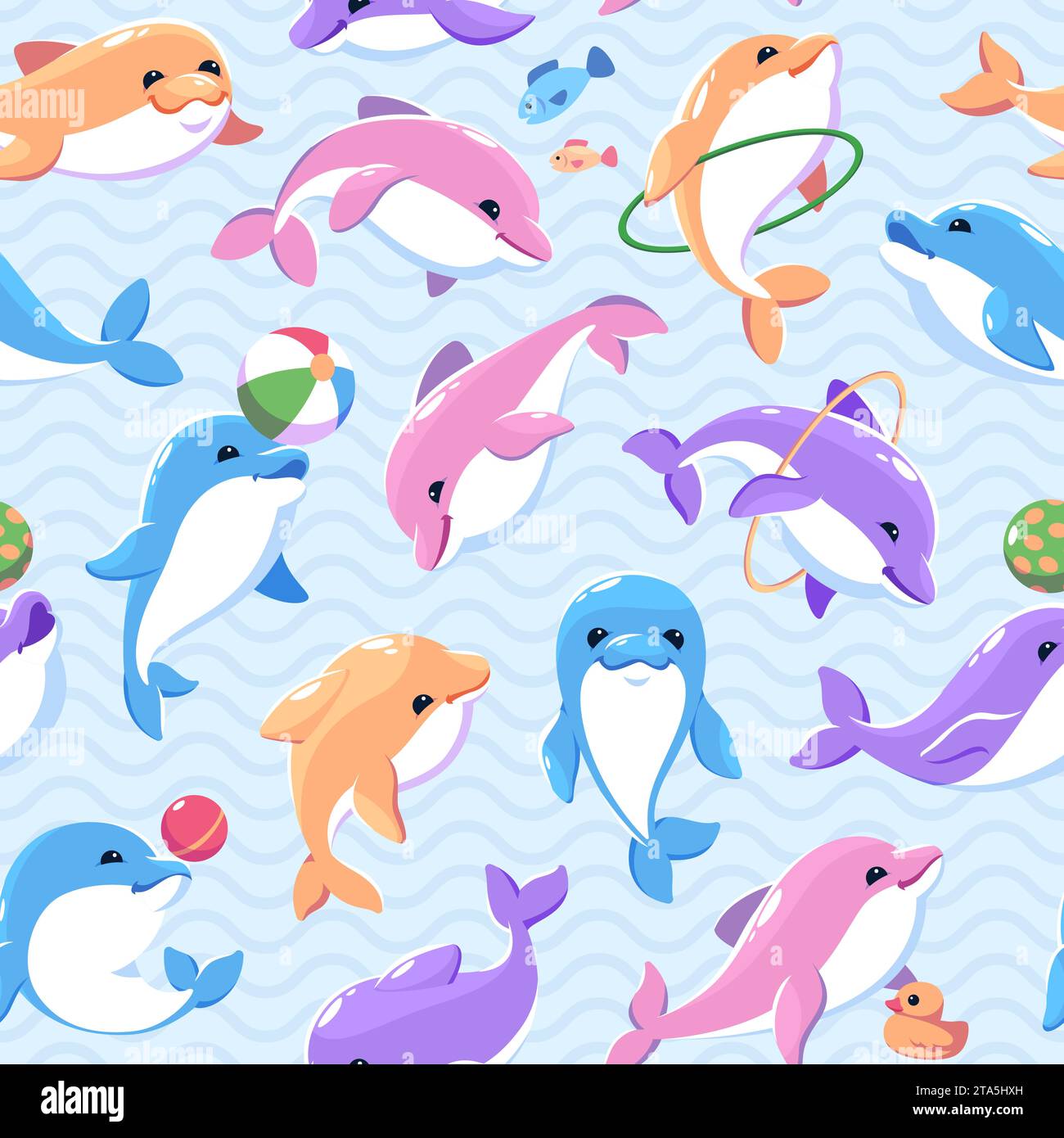 Funny color dolphins seamless pattern. Cartoon marine animals, toys and ...