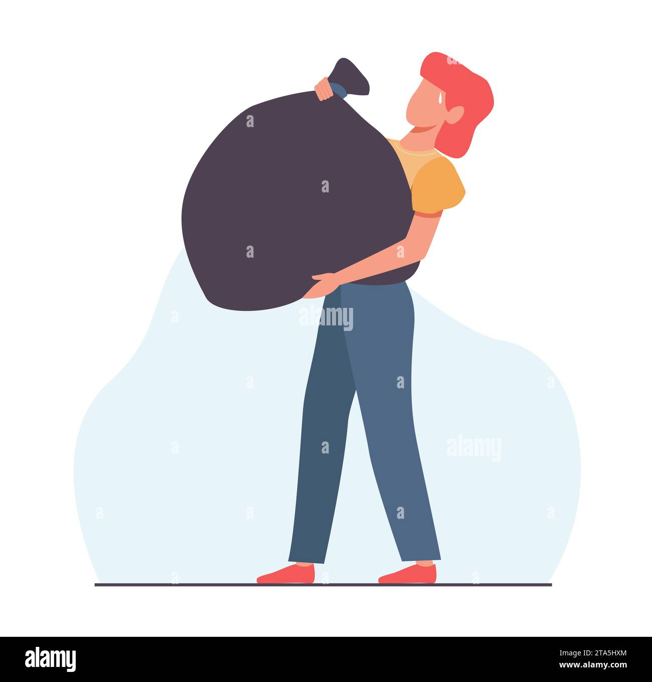 Tired girl with big sack suffers from very heavy weight. Difficult task ...