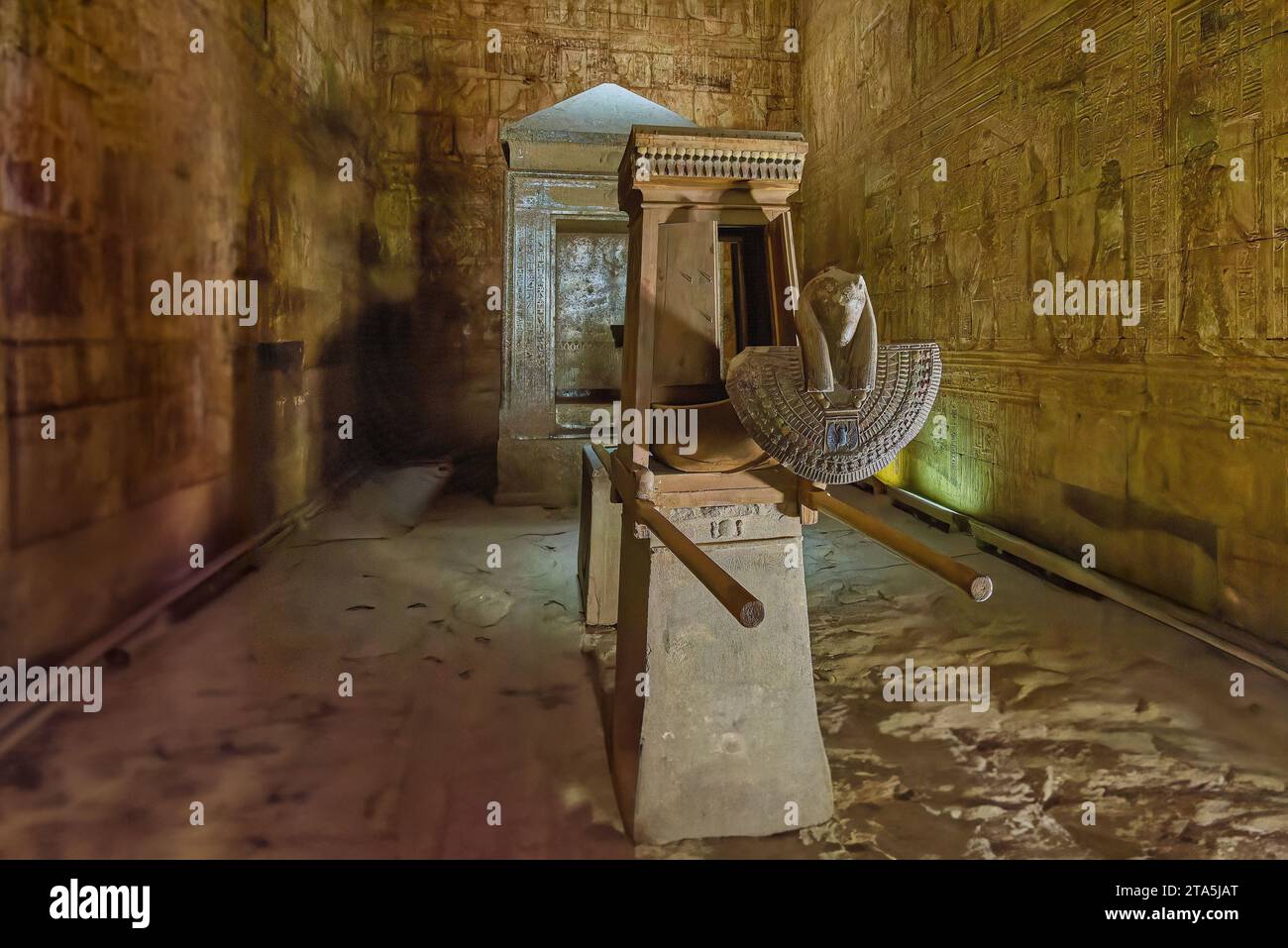 A sacred boat inside the Edfu temple used as a means of transport at ...