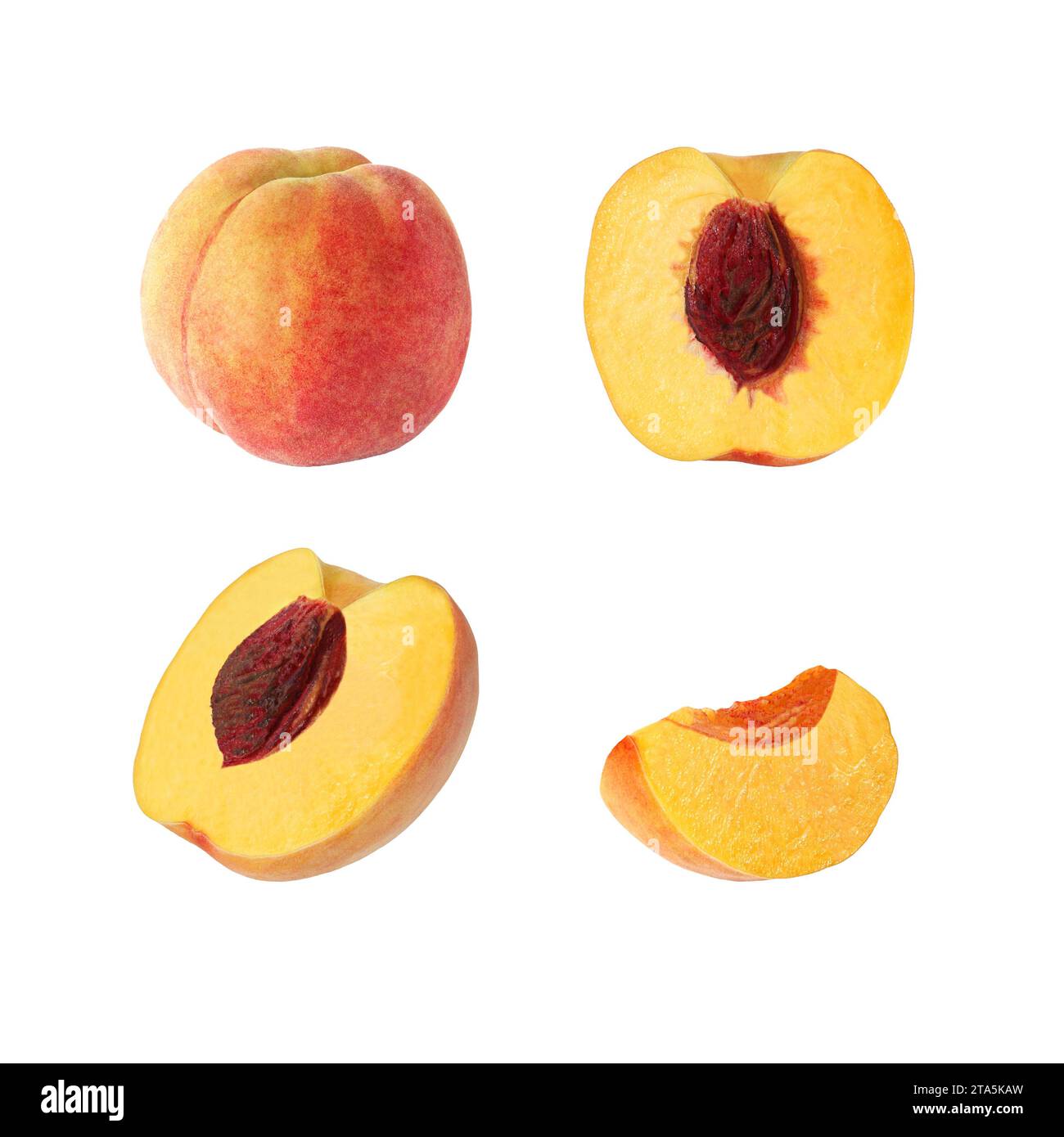 Collection of whole and cut peach fruits isolated on white background ...