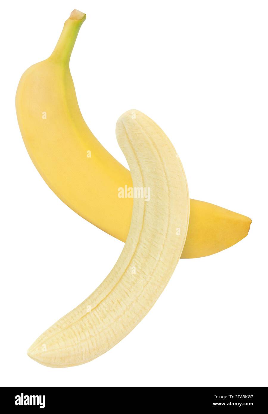 hanging, falling and flying piece of banana fruits isolated on white ...