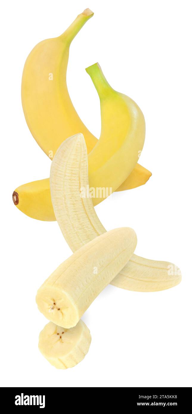 hanging, thrown, soaring and flying banana fruits and peeled piece ...