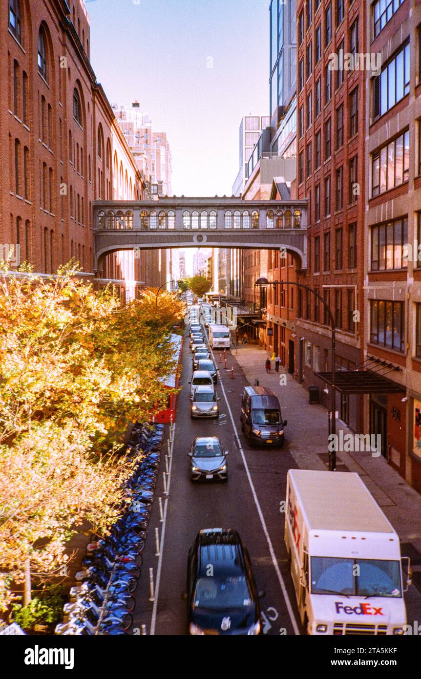Skybridge or sky bridge photographed from the High Line, Chelsea Market ...