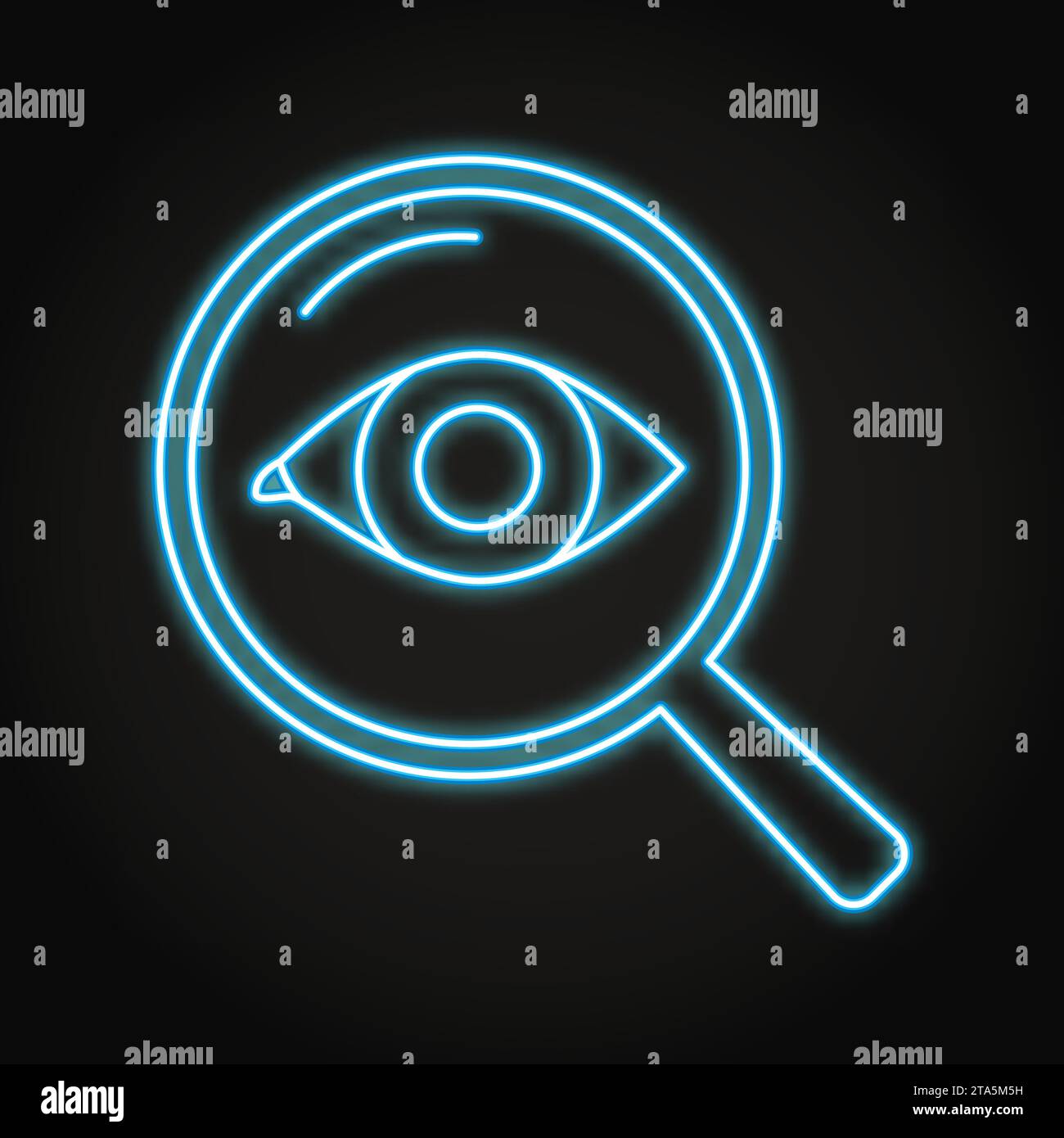 Inspection or review neon icon. Magnifying glass and eye. Monitoring ...