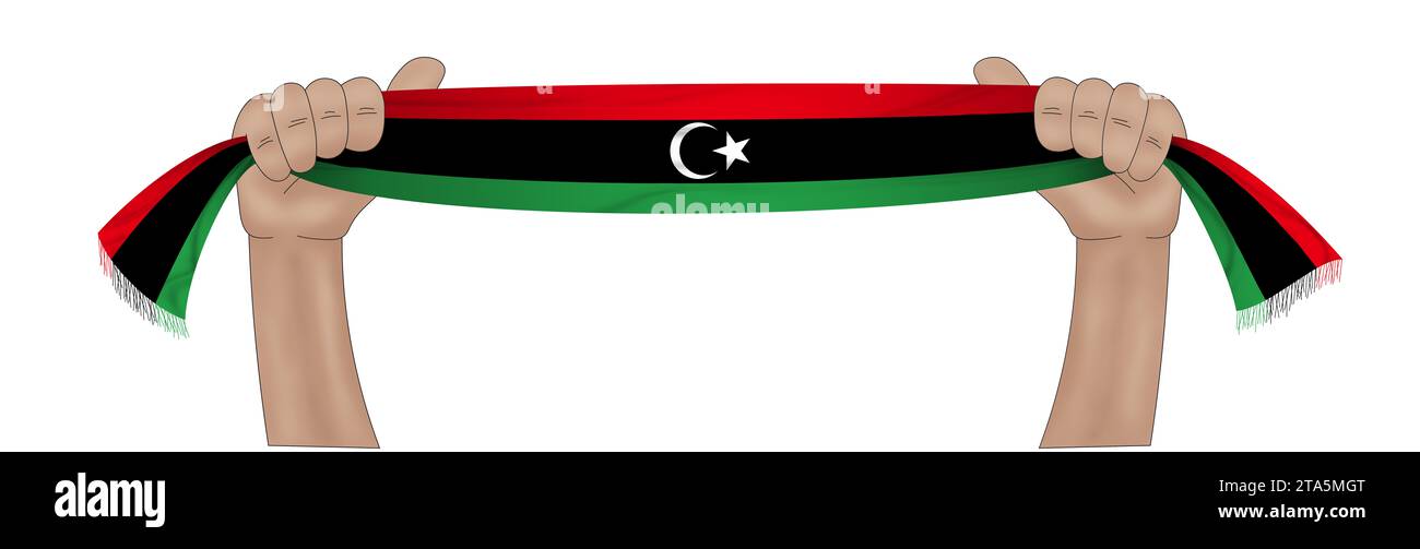 3D illustration. Hand holding flag of Libya on a fabric ribbon ...