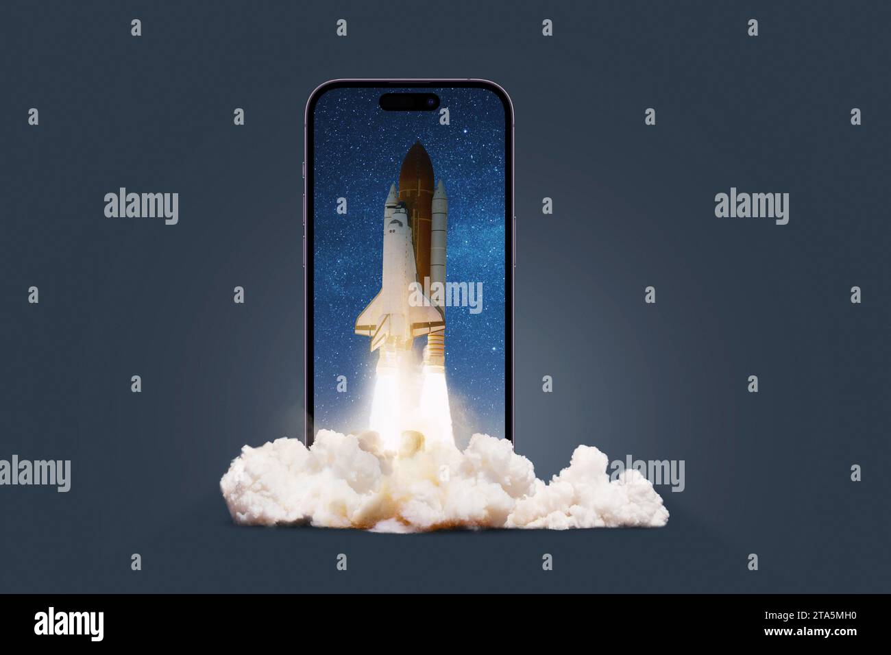 Rocket shuttle successful launch on a smartphone on a dark background ...