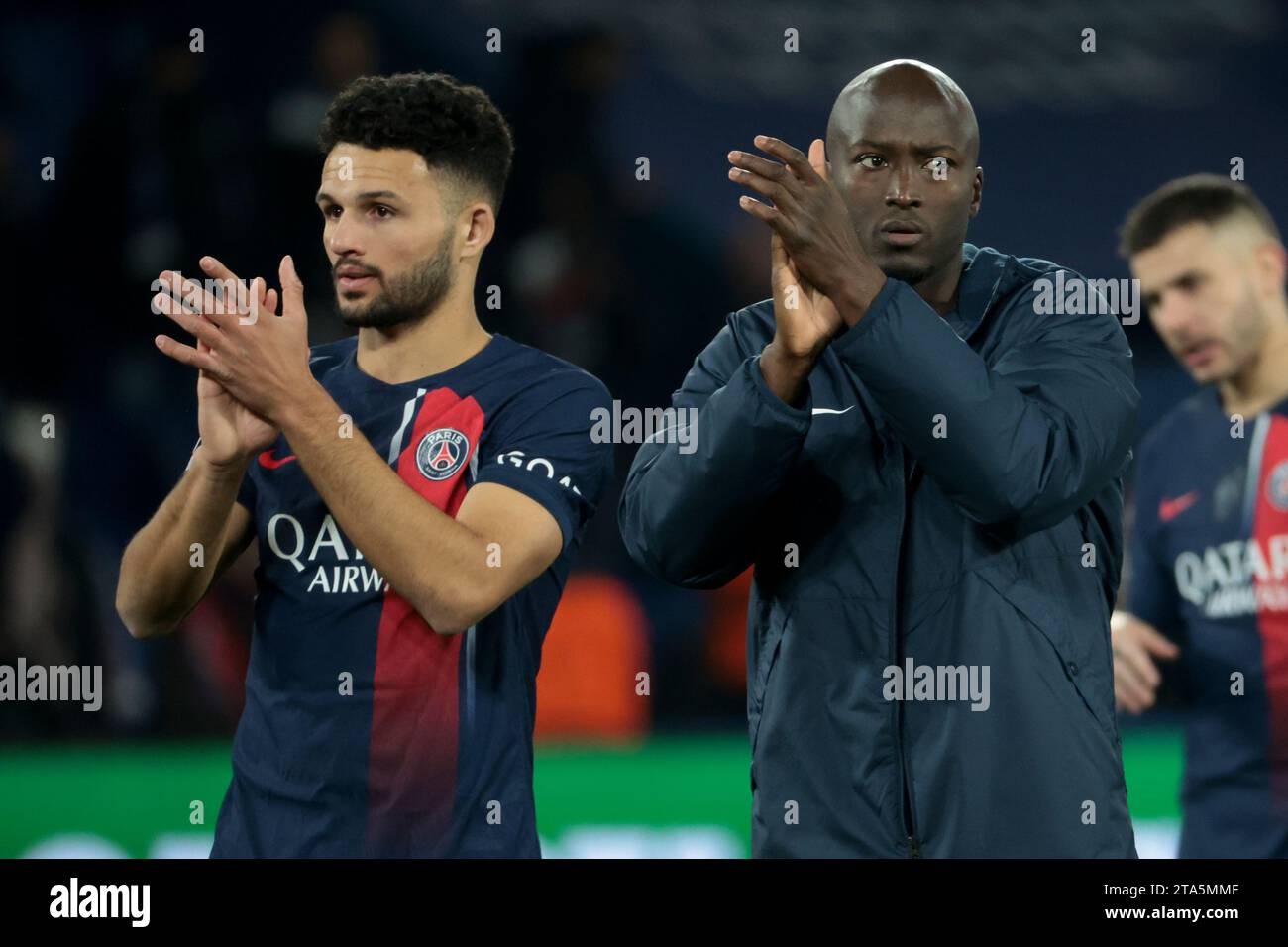 Paris, France. 29th Nov, 2023. Goncalo Ramos, Danilo Pereira of PSG salute the supporters ...