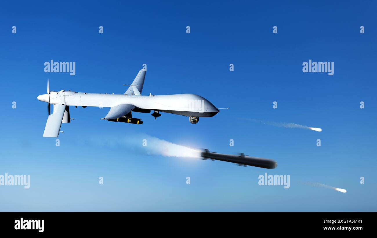 Combat drone flies high in the sky and shoots missiles, concept. Modern ...