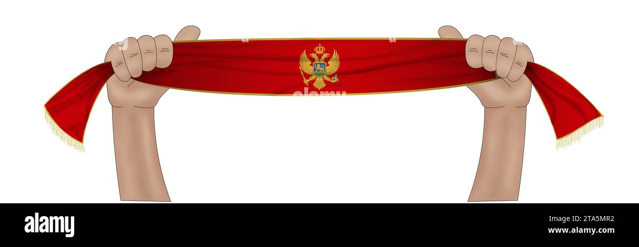 3D illustration. Hand holding flag of Montenegro on a fabric ribbon ...
