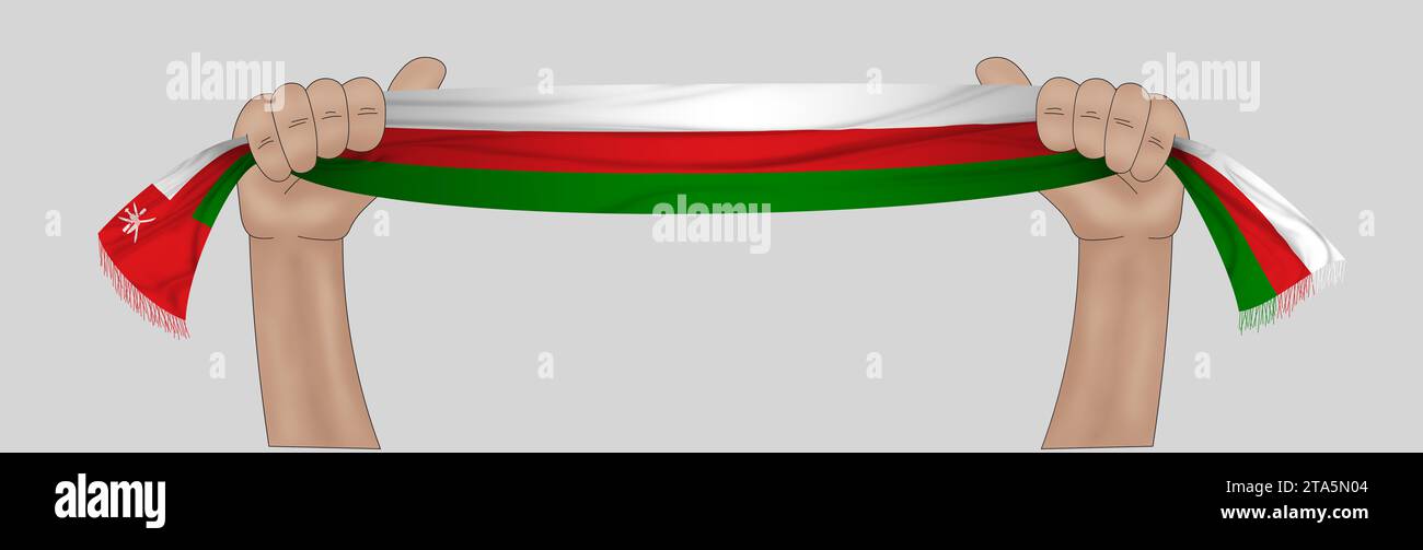 3D illustration. Hand holding flag of Oman on a fabric ribbon ...