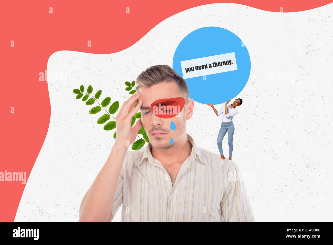 Composite collage artwork photo of unhappy depressed man hold hand on ...