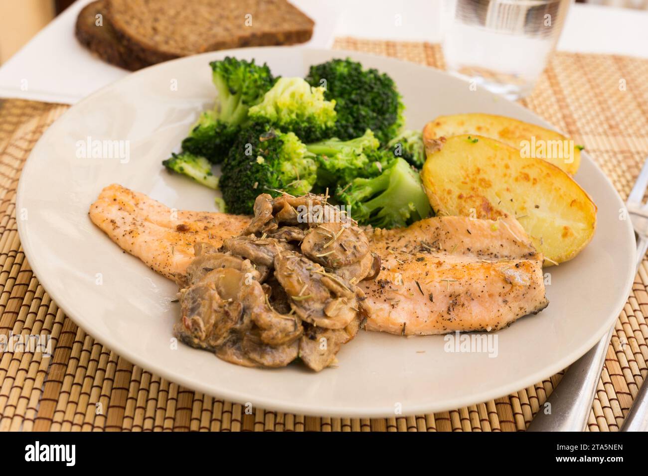 Fried river trout fillet with a complex side dish of broccoli, baked ...