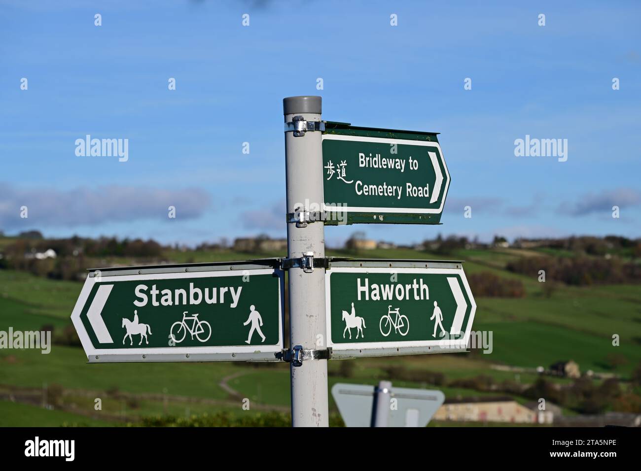 Road sign to Stanbury, Haworth and Cemetery Road, Haworth Moor, West ...
