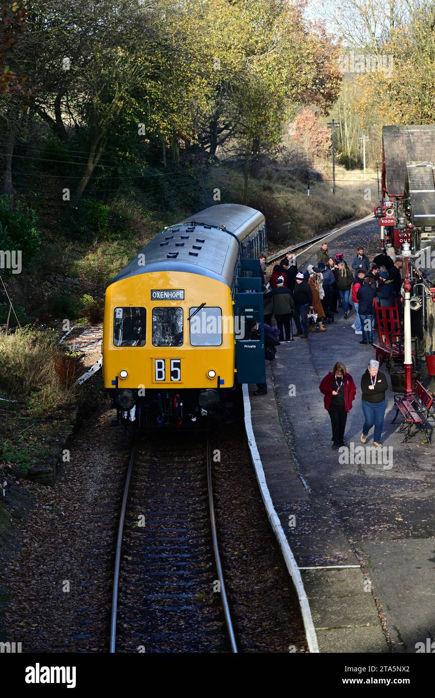 Diesel train at the engine shed in Autumn leavesHaworth Railway Station ...