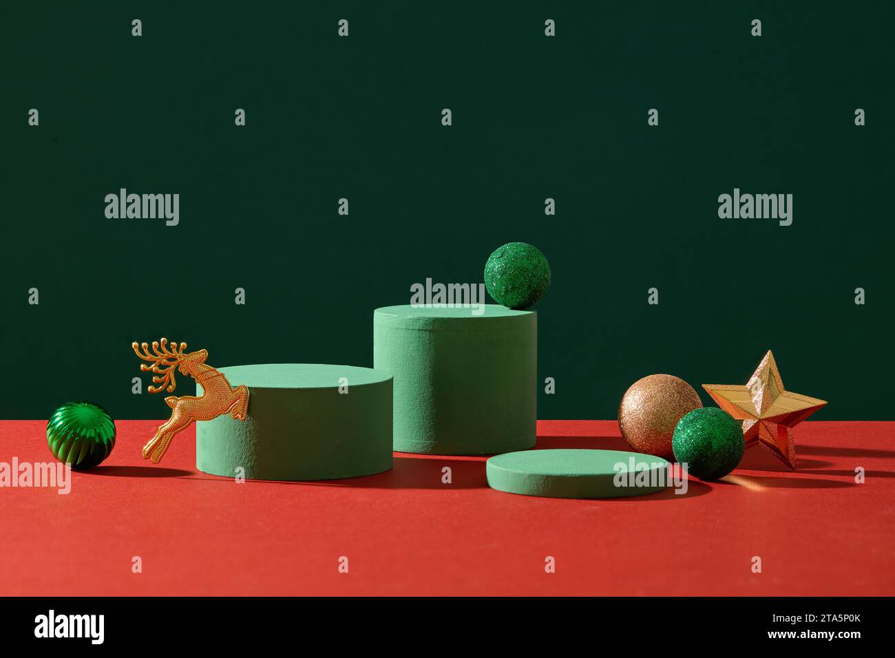 Decoration concept for Christmas holiday. Blank cylinder podiums ...