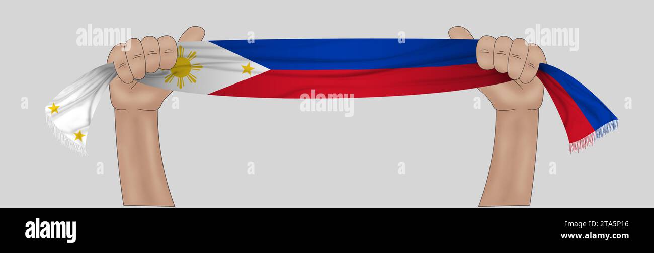 3D illustration. Hand holding flag of Philippines on a fabric ribbon ...