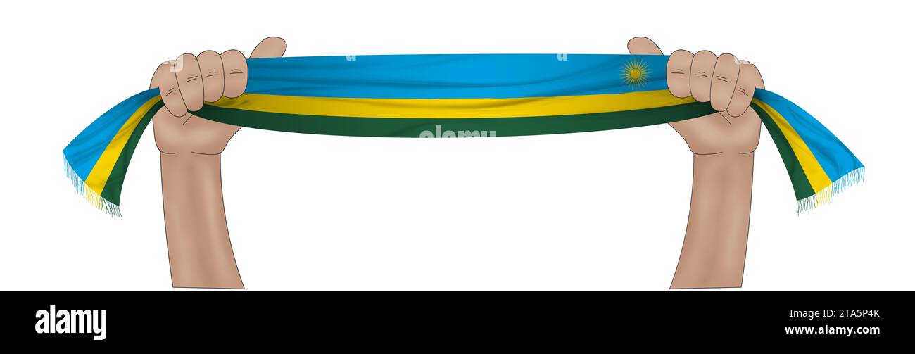 3D illustration. Hand holding flag of Rwanda on a fabric ribbon ...