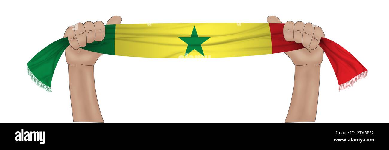 3D illustration. Hand holding flag of Senegal on a fabric ribbon background Stock Photo - Alamy
