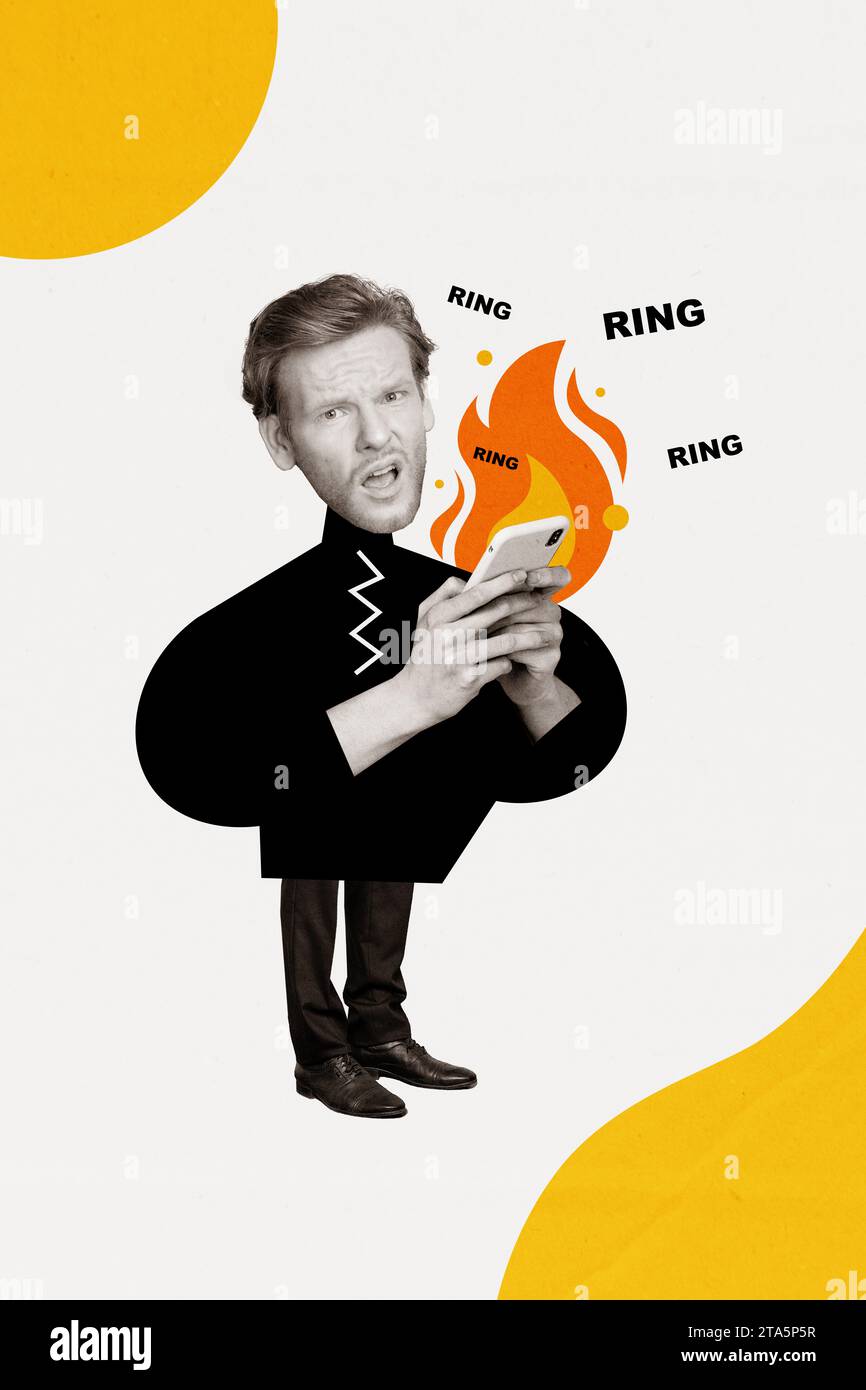 Collage image of shocked man answering call ring isolated on drawing ...