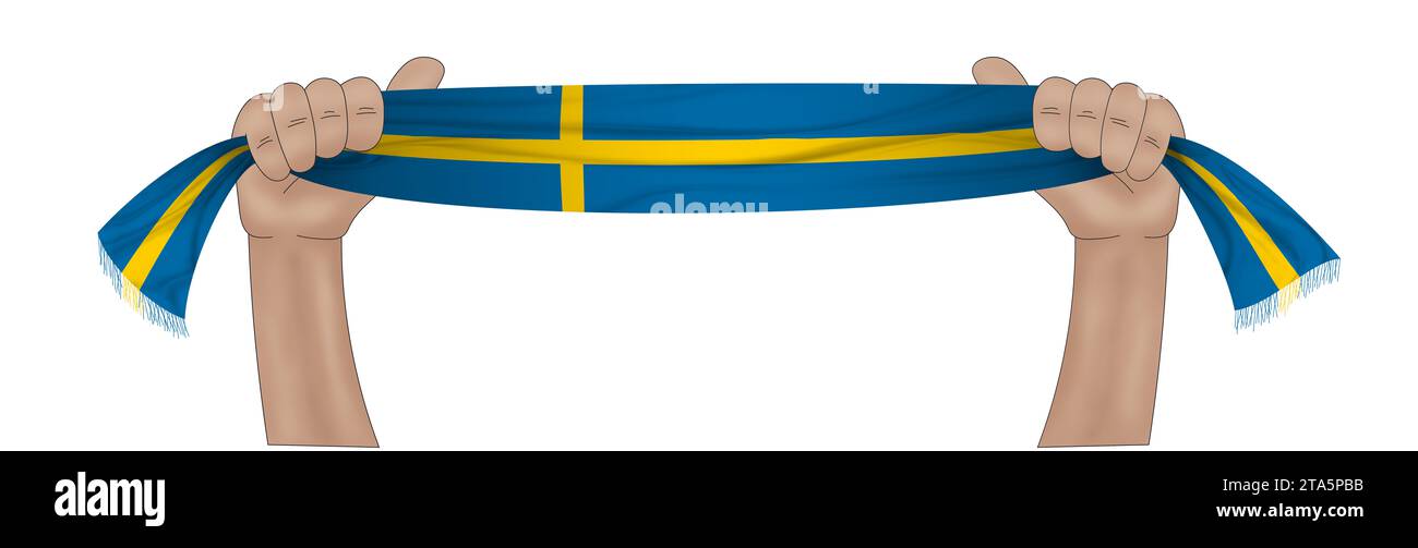 3D illustration. Hand holding flag of Sweden on a fabric ribbon ...