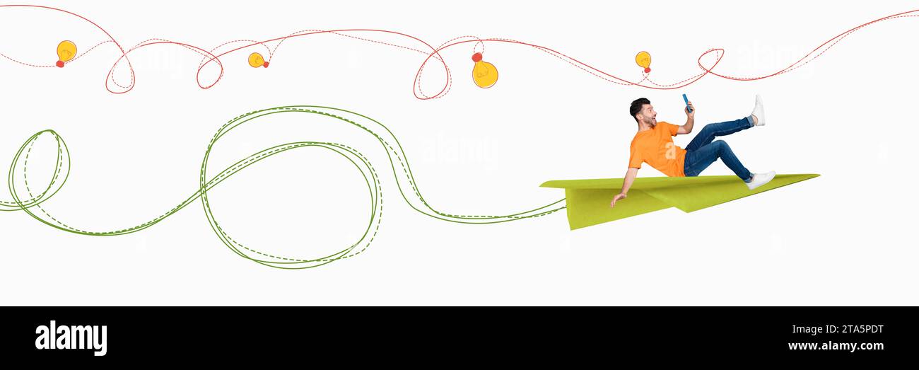 Horizontal collage template funny guy fly paper airplane browsing news ...