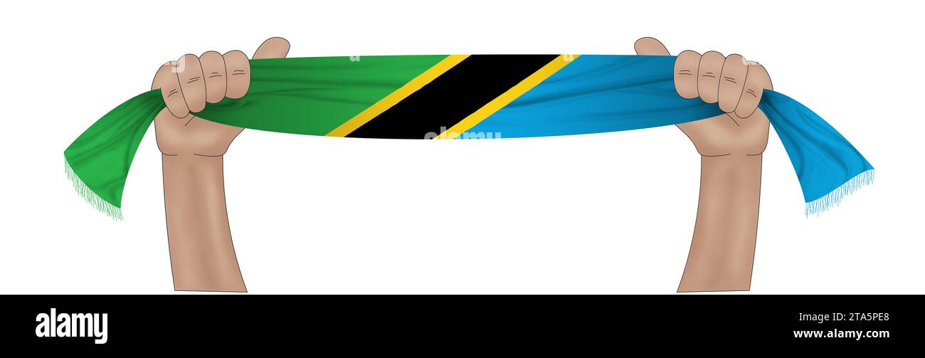 3D illustration. Hand holding flag of Tanzania on a fabric ribbon ...