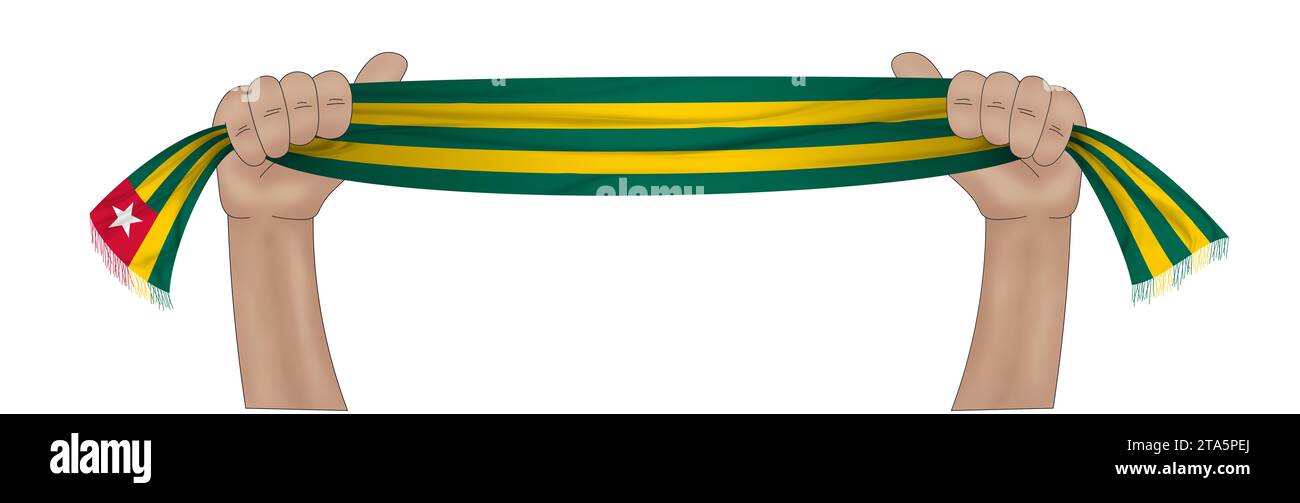 3D illustration. Hand holding flag of Togo on a fabric ribbon ...