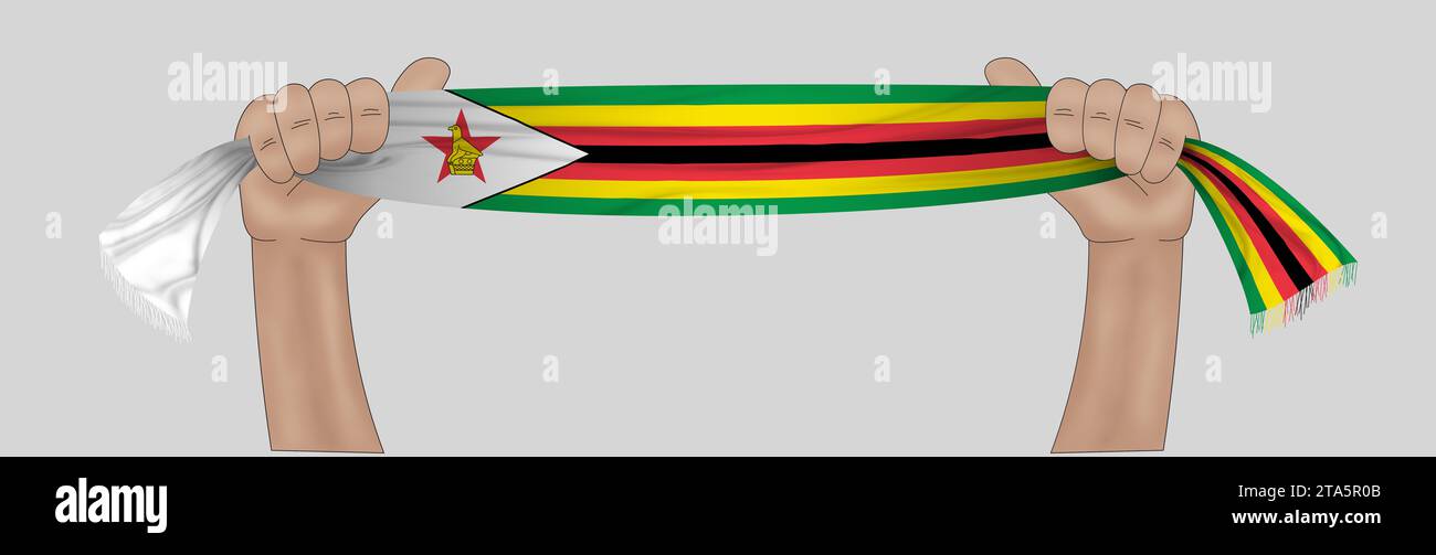 3D illustration. Hand holding flag of Zimbabwe on a fabric ribbon ...