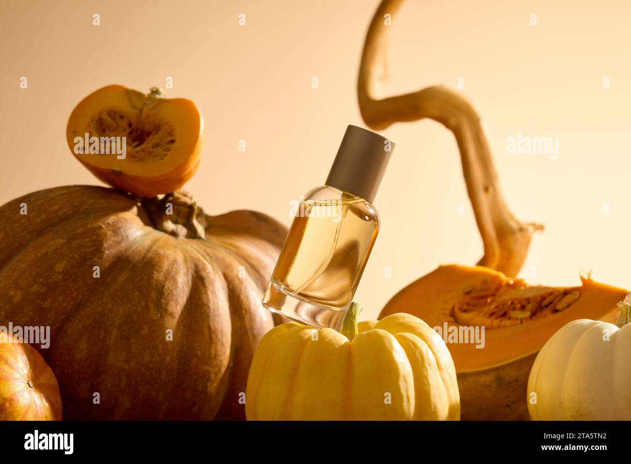 Mockup scene for advertising perfume product with Autumn concept. Front ...