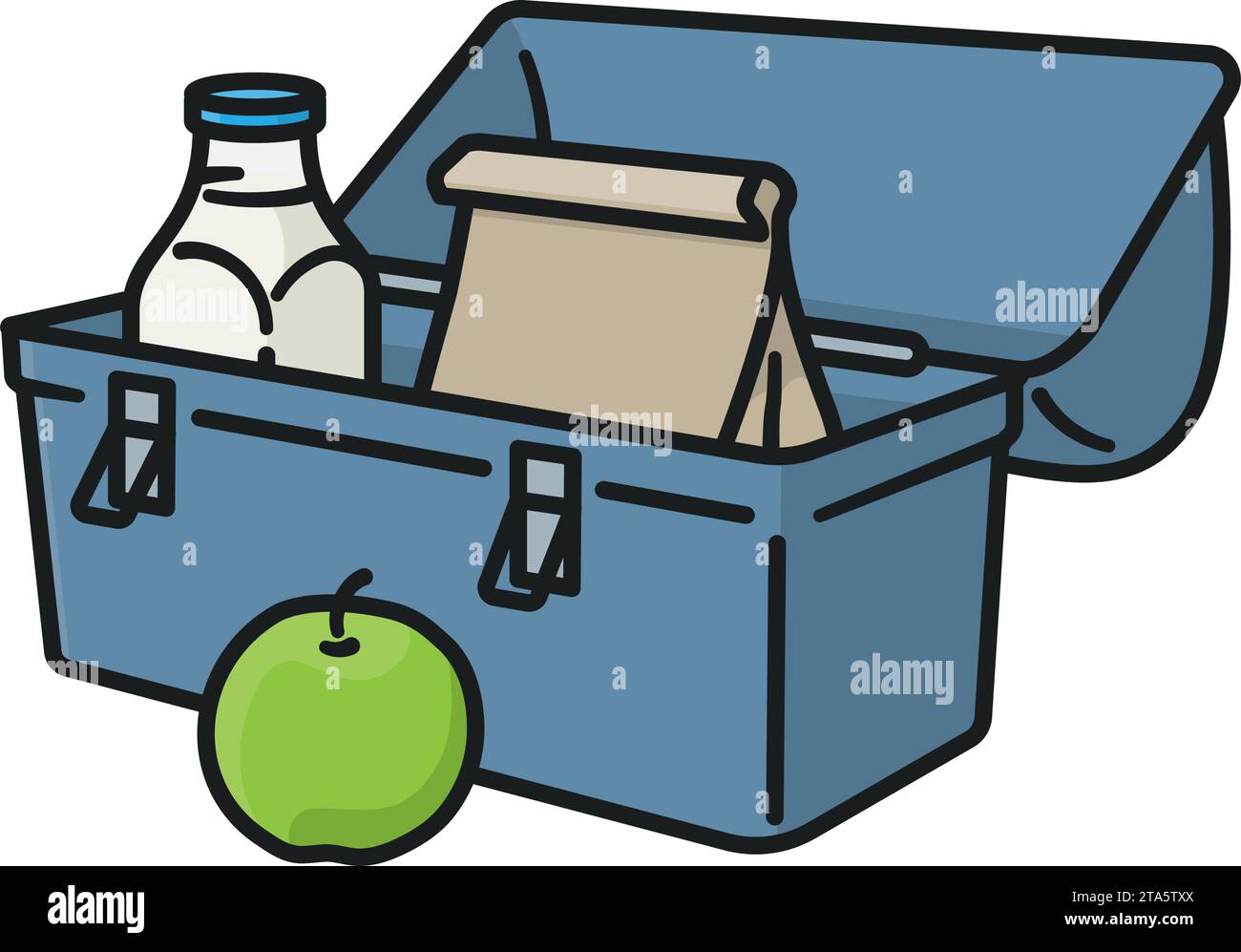 Lunchbox with milk, paperbag and apple isolated vector illustration for ...