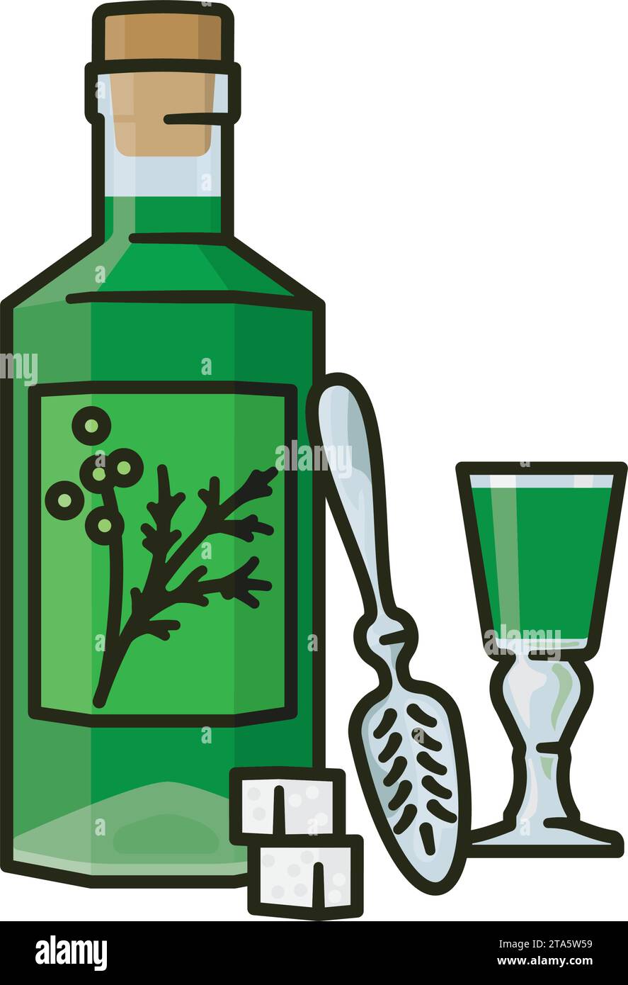 Absinthe in bottle and glass with spoon and sugar cubes isolated vector ...