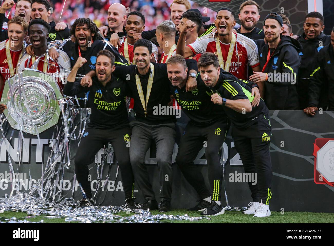 Manager of Arsenal, Mikel Arteta and staff celebrate - Arsenal v ...