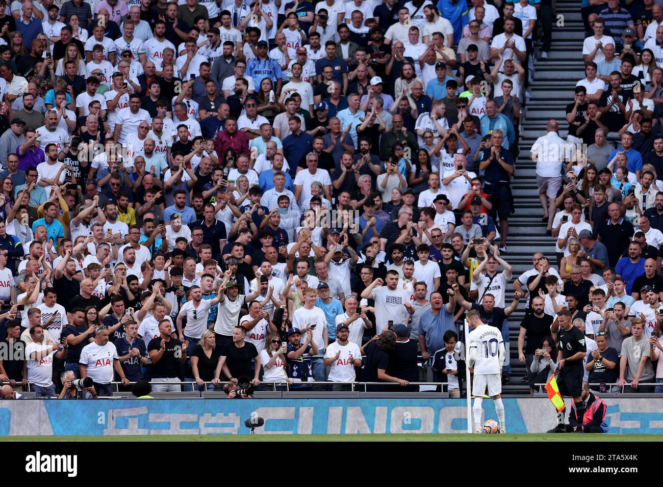 The Tottenham Hotspur fans cheer on James Maddison as he prepares to ...