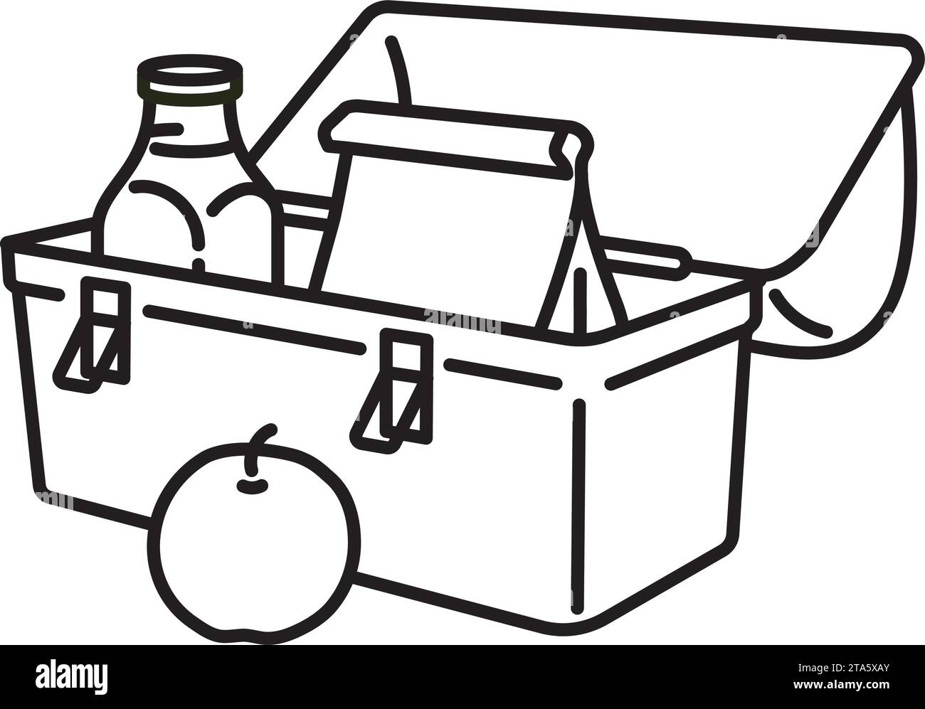 Lunchbox with milk, paperbag and apple isolated vector line icon for ...