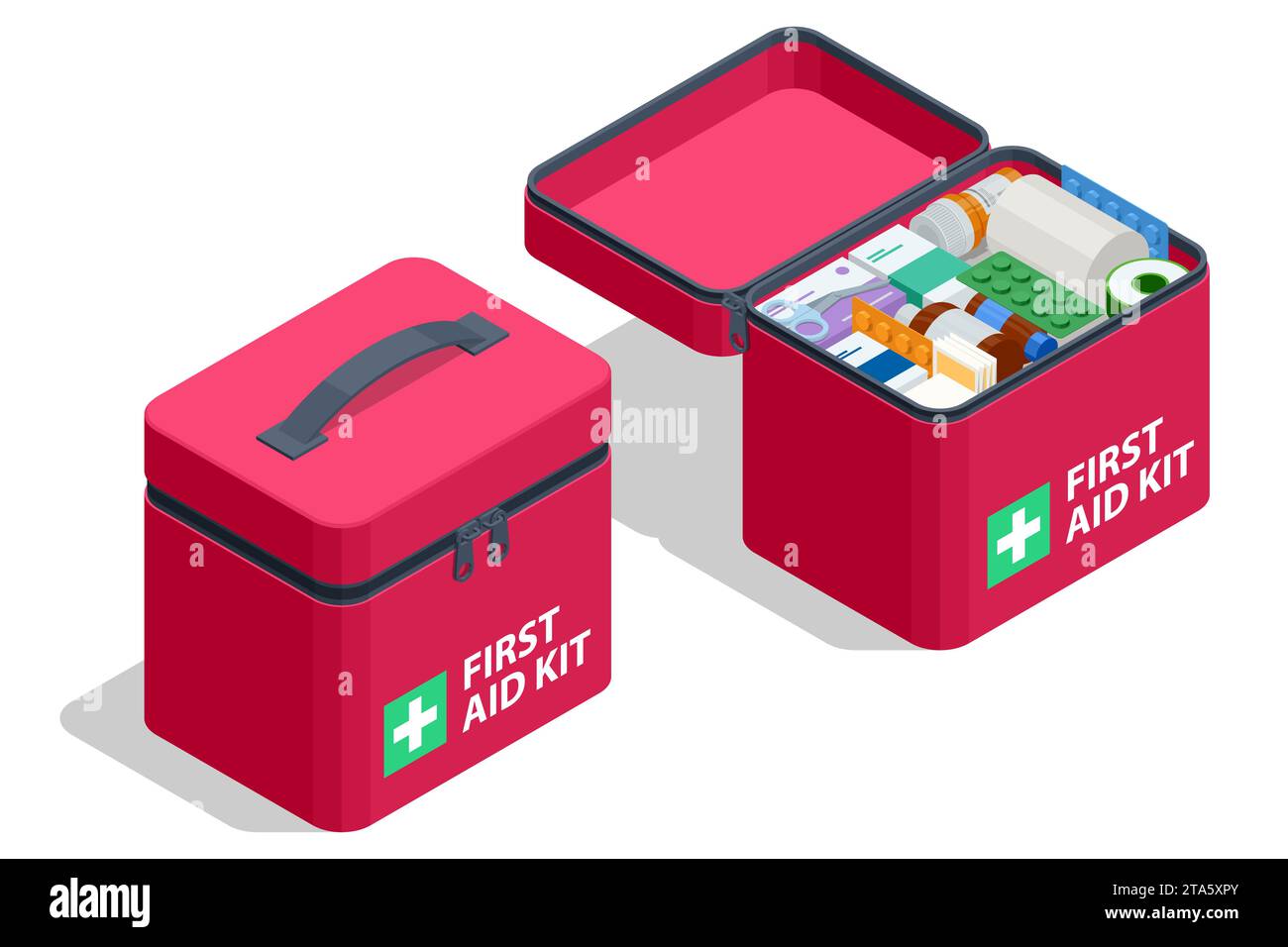 Isometric open first aid kit box with medical equipment and medications for emergency Stock ...