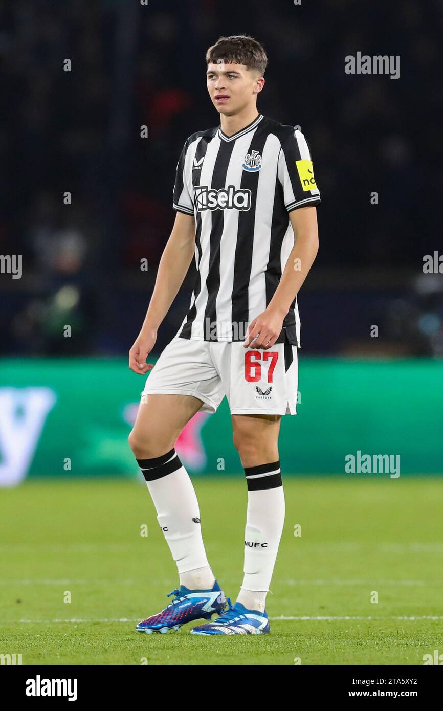 Paris, France. 28th Nov, 2023. Newcastle United midfielder Lewis Miley ...