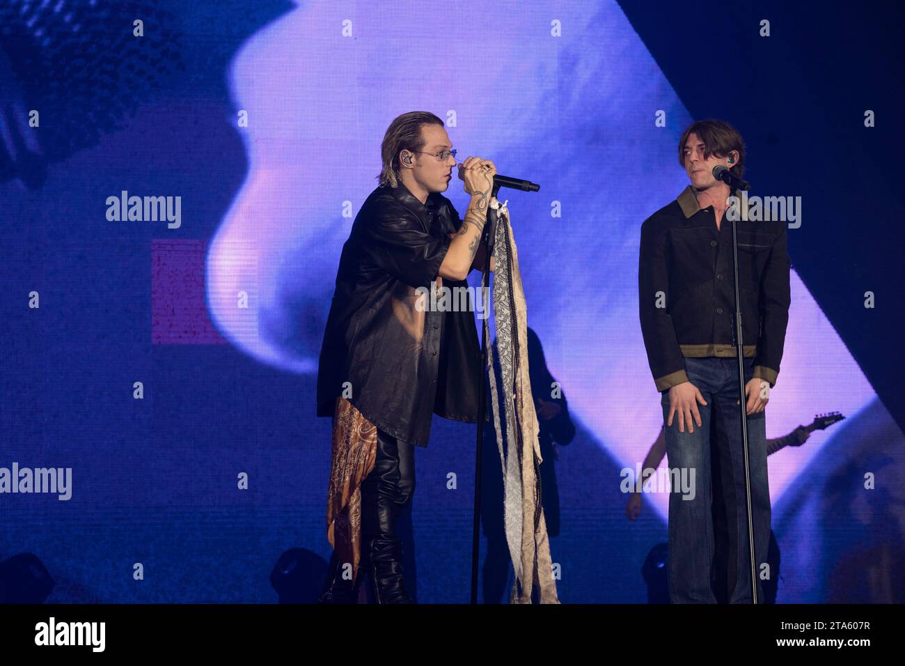 Filippo Maria Fanti, known as Irama, an Italian singer, rapper (L) and ...