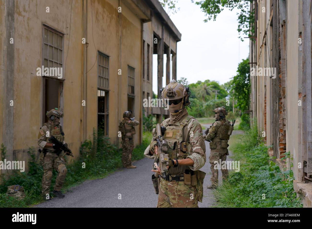 Soldier in civil war, ruined building. Close quarter battle and civil ...