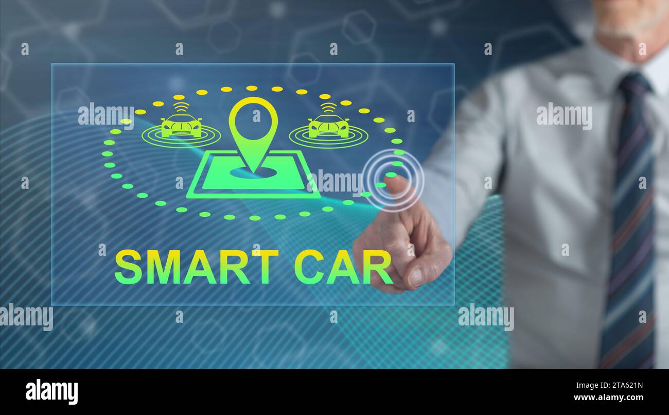 Man touching a smart car concept on a touch screen with his finger ...