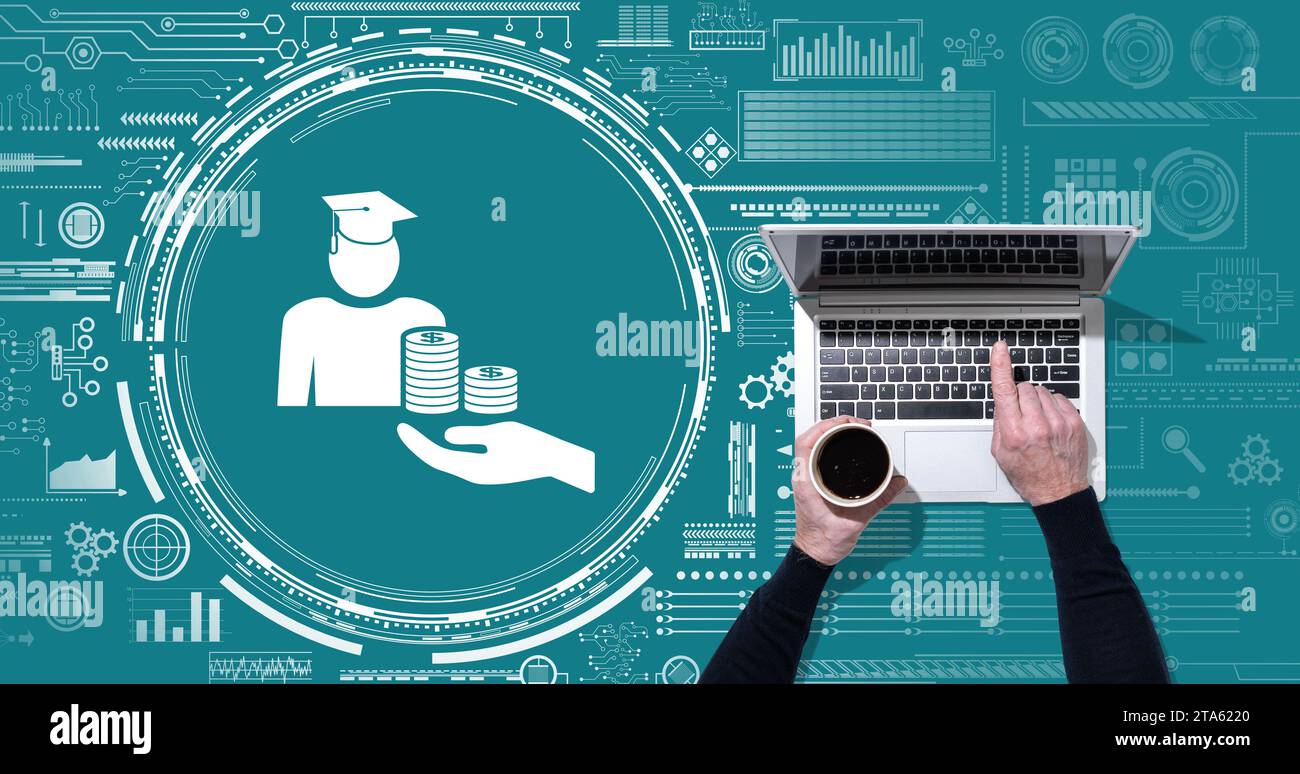 Top view of hands using laptop with symbol of fafsa concept Stock Photo ...