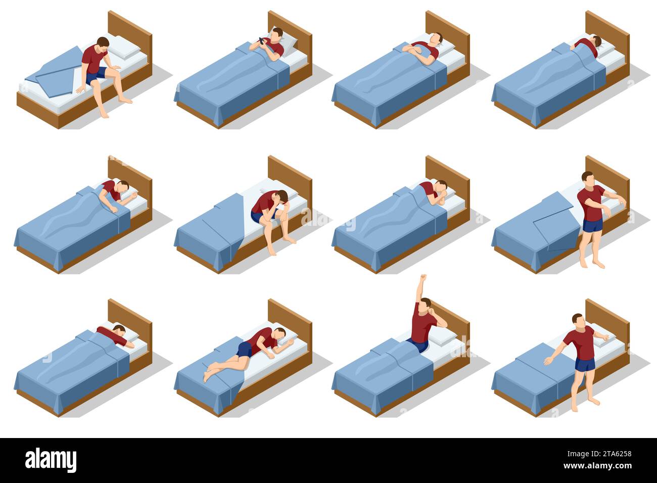 Set of different men sleeping Poses, sleeping and dreaming in beds ...