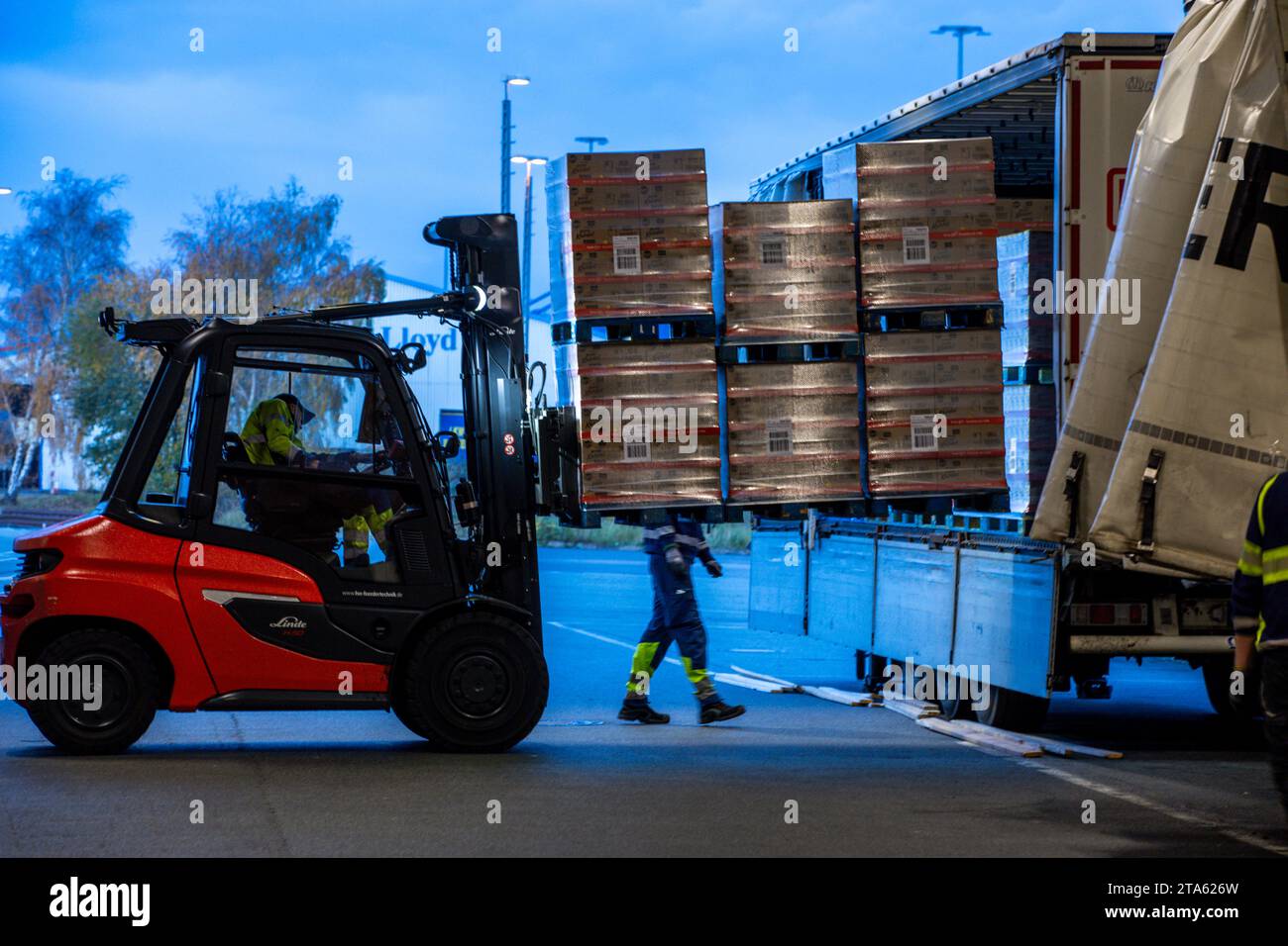 Rostock, Germany. 21st Nov, 2023. Pallets and transported goods are ...
